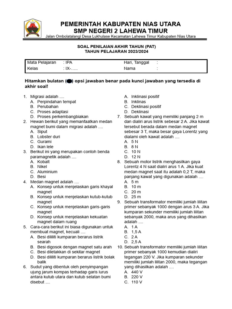 Soal, Kisi-Kisi, Dan Kartu Soal PAT IPA Kelas 9 Semester Genap T.P. 2023-2024 | PDF