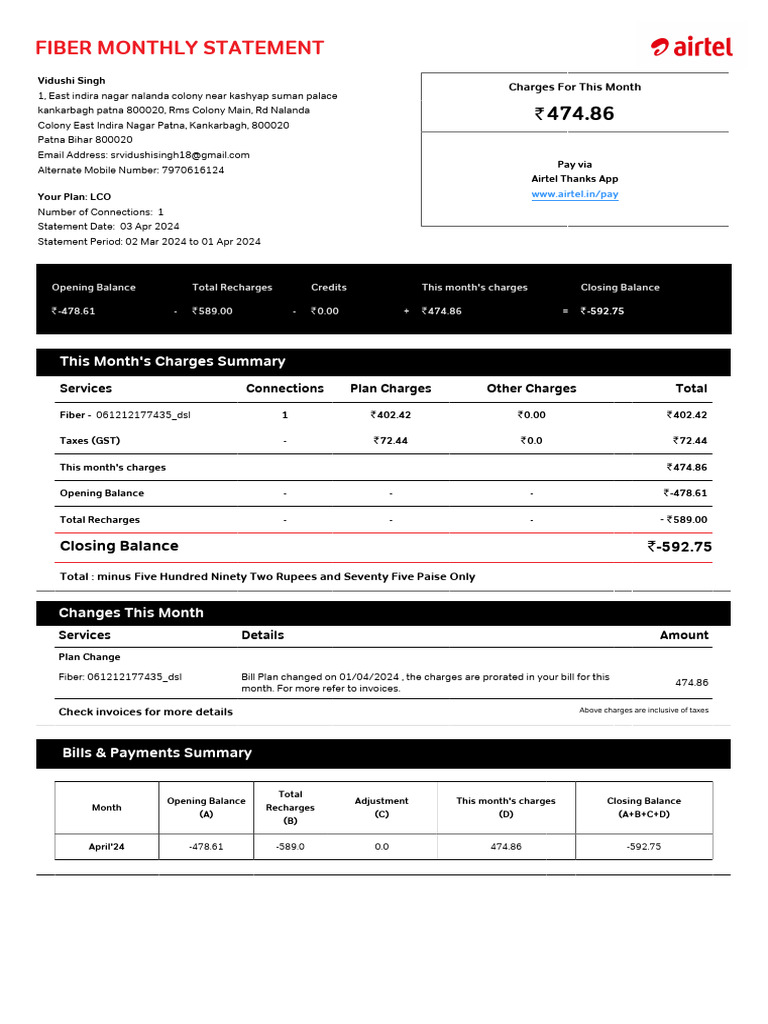 Fiber Monthly Statement for April 2024 | PDF | Credit Card | Debit Card