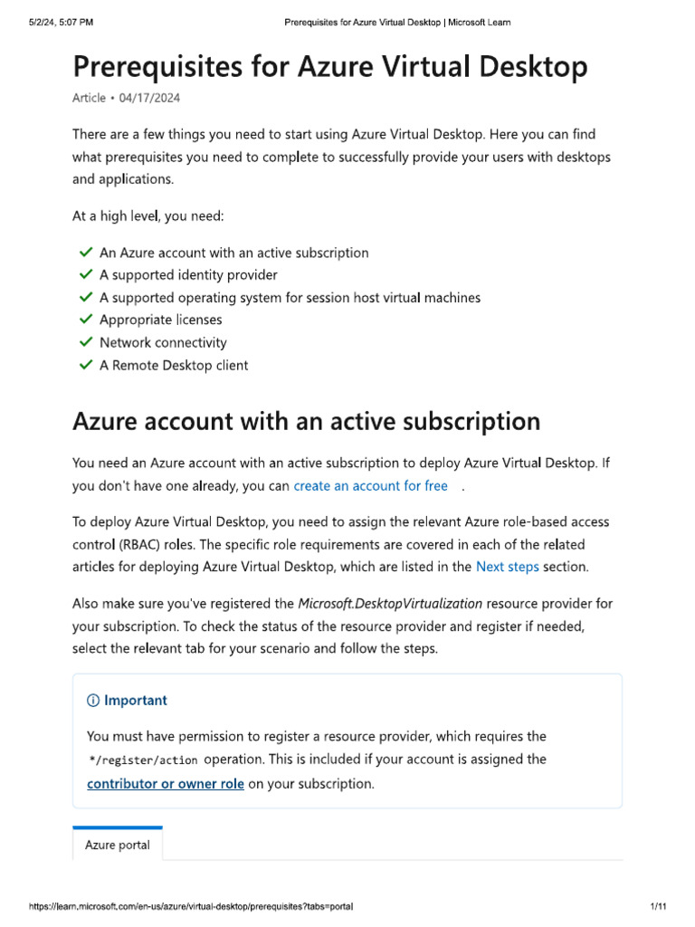 Prerequisites for Azure Virtual Desktop | PDF