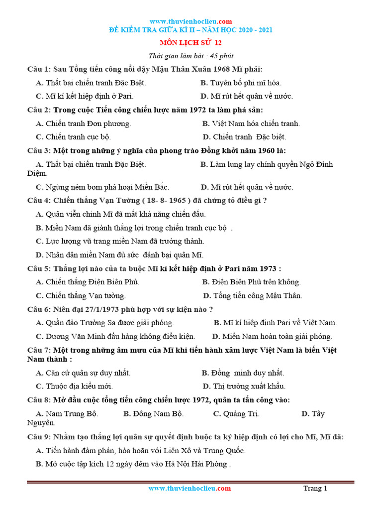 De KT Giua HK 2 LICH SU 12 | PDF