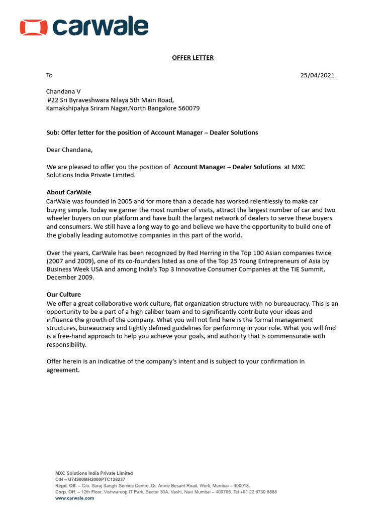 CarWale Offer Letter - Chandana V | PDF | Salary | Insurance