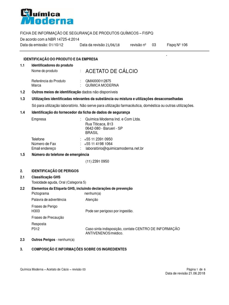 Acetato de Cálcio | PDF | Ciências Físicas | Química