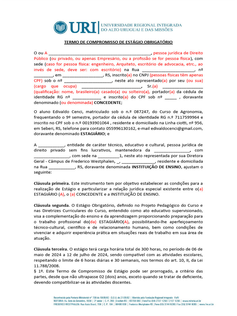 Modelo Estagio Curricular | PDF | Estágio | Procura de Emprego