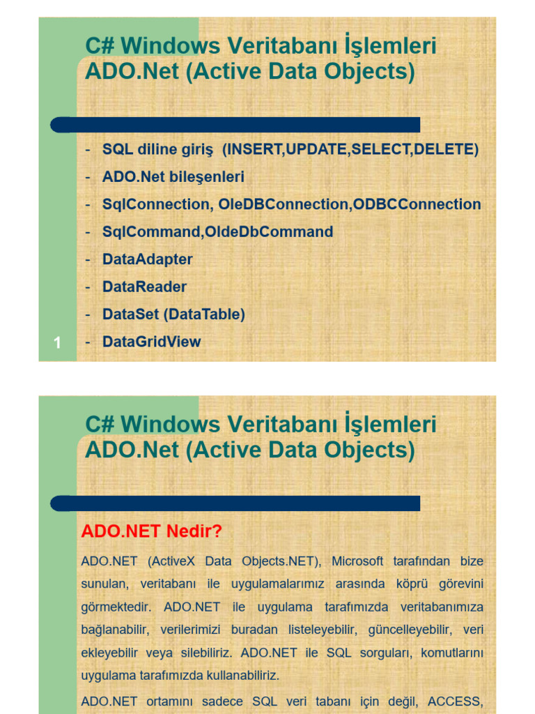 12 - 13 - 14 - Veri Tabanı Bilşenleri - ADONet - SqlConnection - SqlCommand - DataSet ...