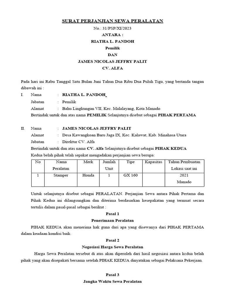 Perjanjian Sewa Peralatan Stamper | PDF