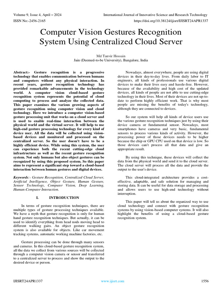 Computer Vision Gestures Recognition System Using Centralized Cloud Server | PDF | Computer ...