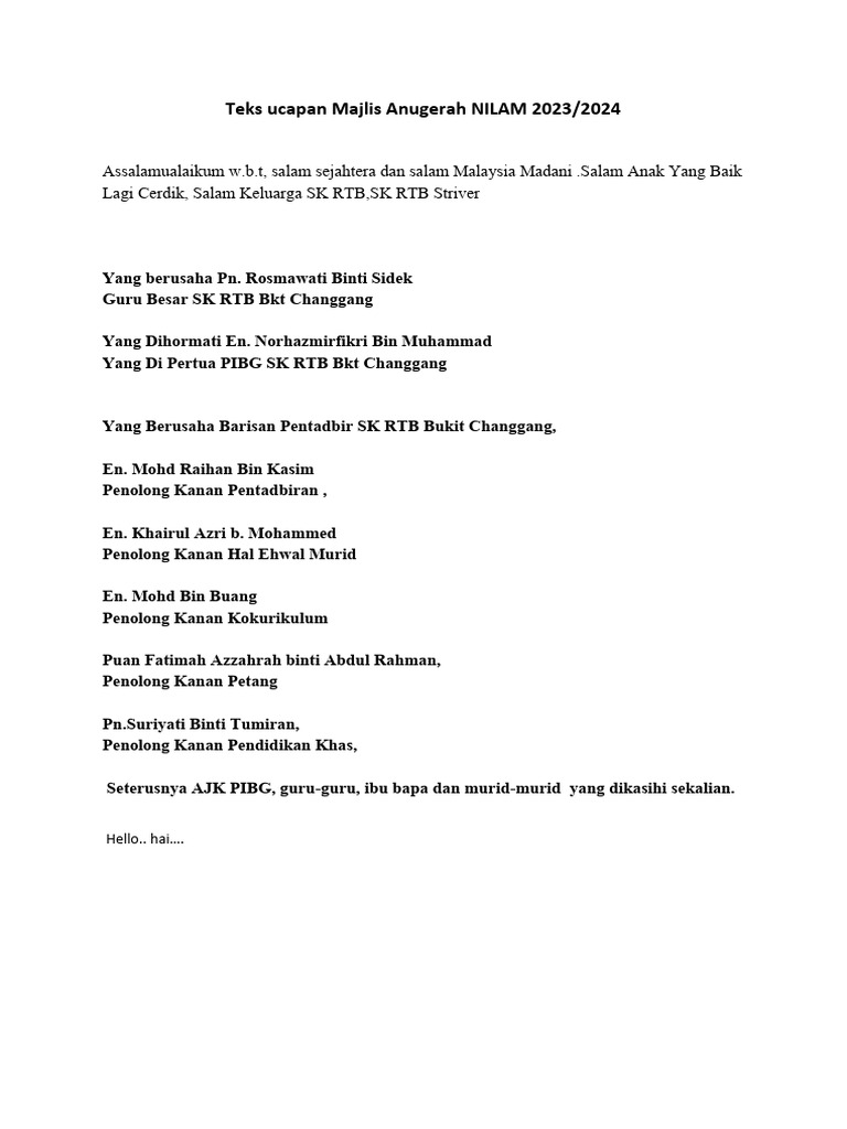 Teks Ucapan Majlis Anugerah NILAM 2023 | PDF
