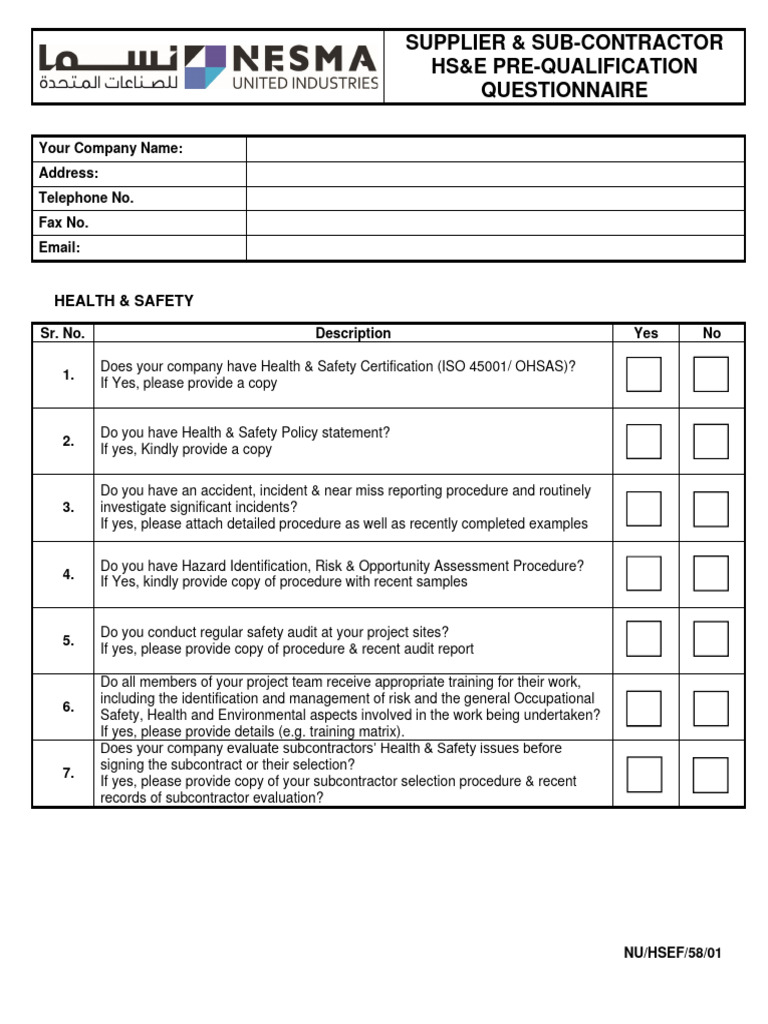 Supplier Sub-Contractor HSE Pre Qual Questionnaire | PDF | Occupational ...