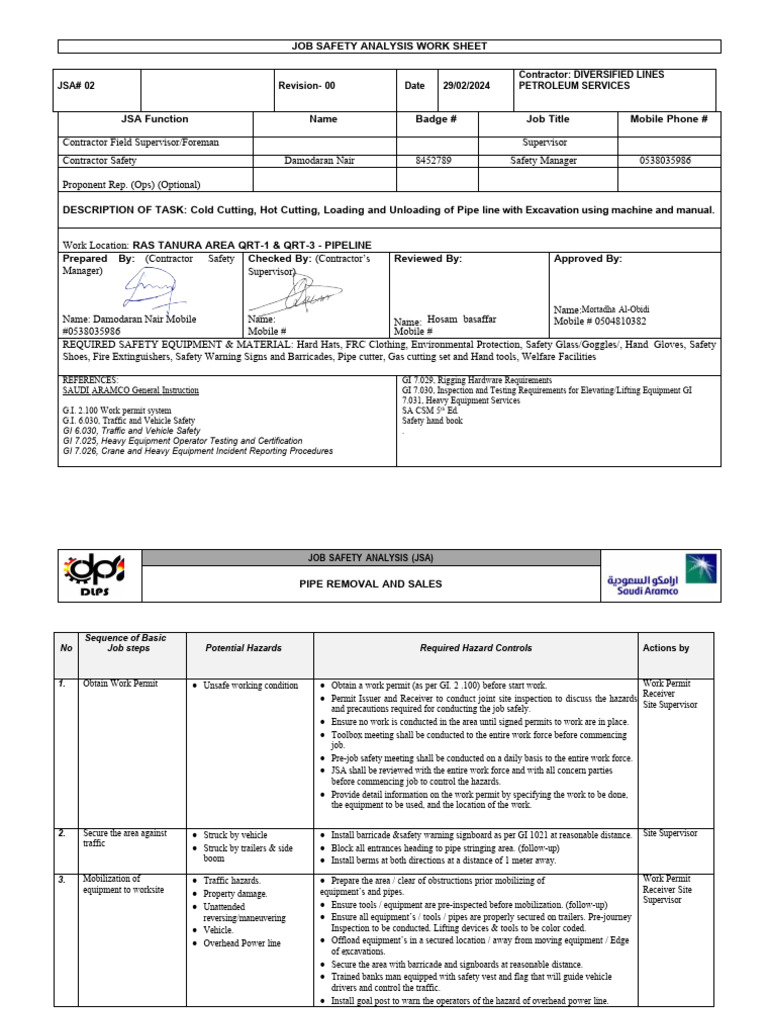 JSA For Cold Cutting J Hot Cutting J Loading and Unloading-Rev-00 | PDF | Personal Protective ...
