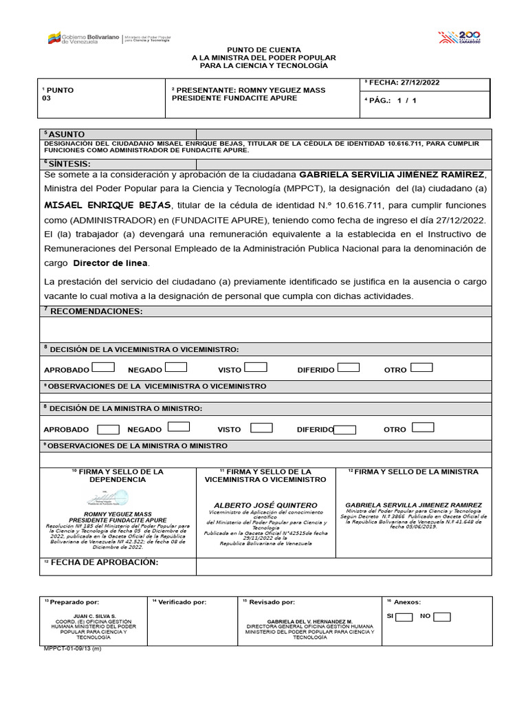 A0431 Fundacite Apure Diciembre 2022 Punto de Cuenta Misael Bejas | PDF | Gobierno