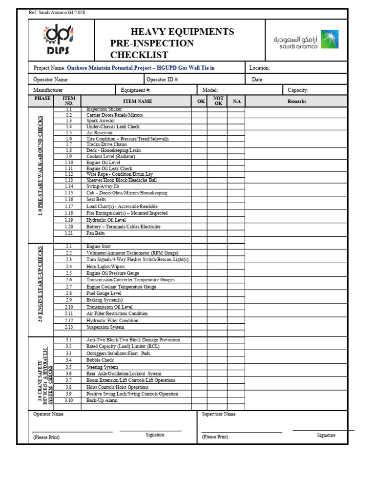 Heavy Equipment Pre Insp (Ection | PDF | Crane (Machine) | Vehicles