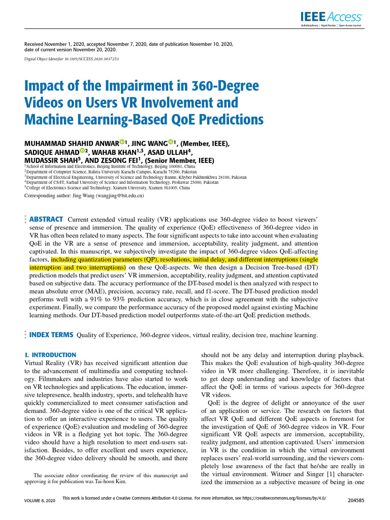 Impact of The Impairment in 360-Degree Videos On Users VR Involvement and Machine Learning-Based ...