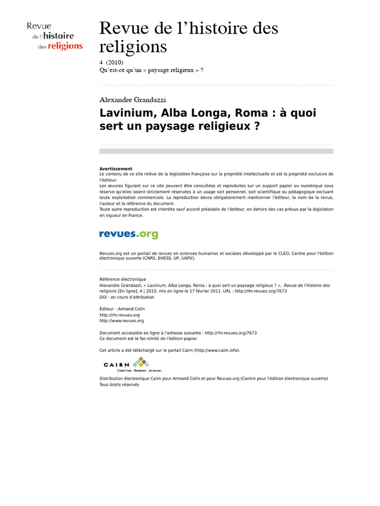 GRANDAZZI, Lavinium, Alba Longa, Roma À Quoi Sert Un Paysage Religieux ...