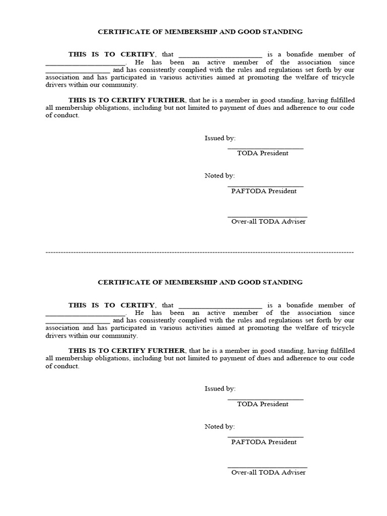 Certificate of Membership and Good Standing | PDF