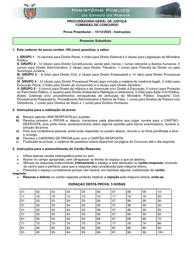 Prova Preambular 2023 MPPR | PDF | Crimes | Crime e Violência