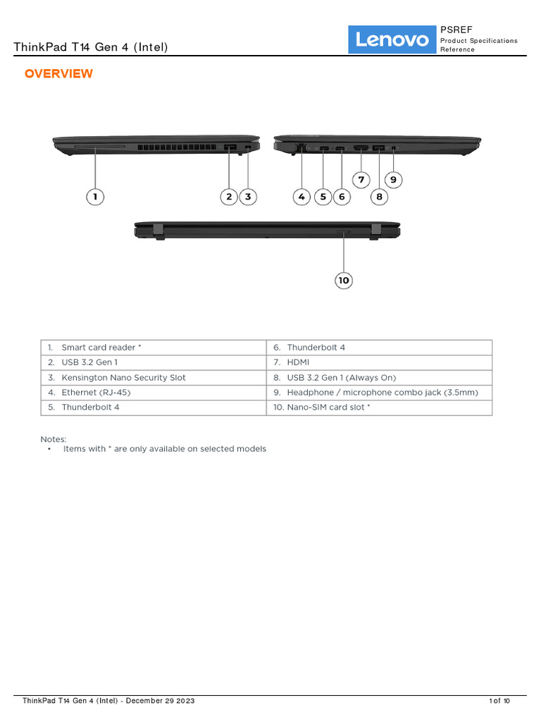 ThinkPad_T14_Gen_4_Intel_Spec | PDF | Usb | Wi Fi