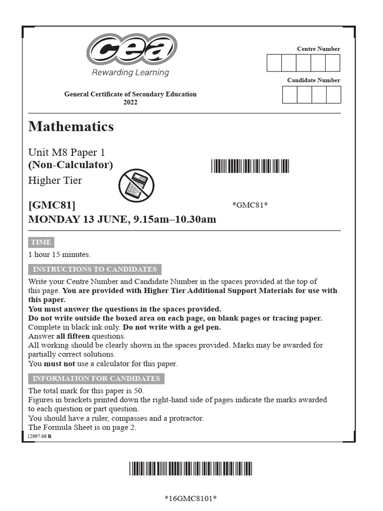 GCSE-Mathematics -504-Summer2022-Higher Tier, M8 Paper 1 (Non ...