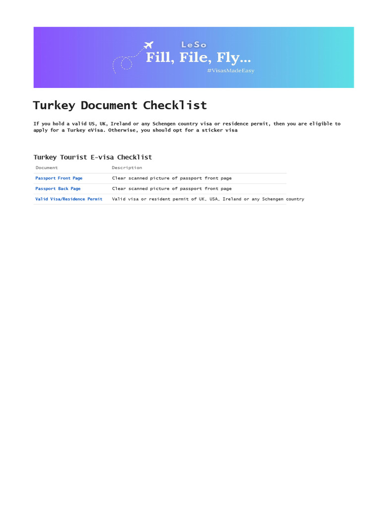 Turkey LeSo Checklist | PDF | Travel Visa | Passport