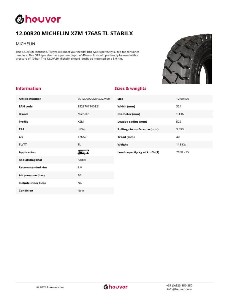 12.00R20 Michelin XZM Tyre for Container Handling | PDF
