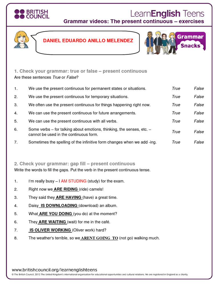 Present Continuous Grammar Exercises | PDF | Linguistics | Semantic Units