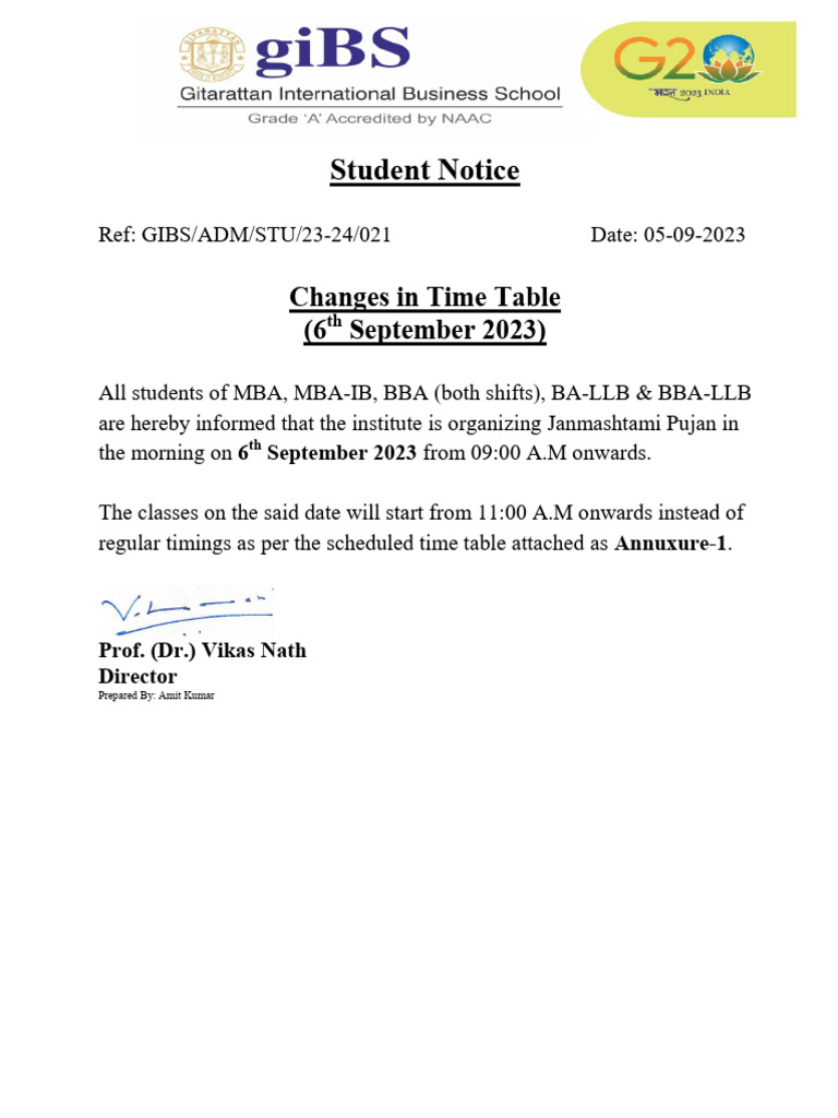 Student Notice: Changes in Time Table (6 September 2023) | Download ...