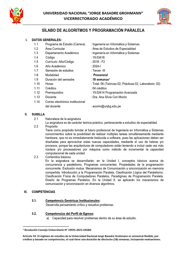 ESIS 2024 I Algoritmos y Programacion Paralela | PDF | Algoritmos | Evaluación