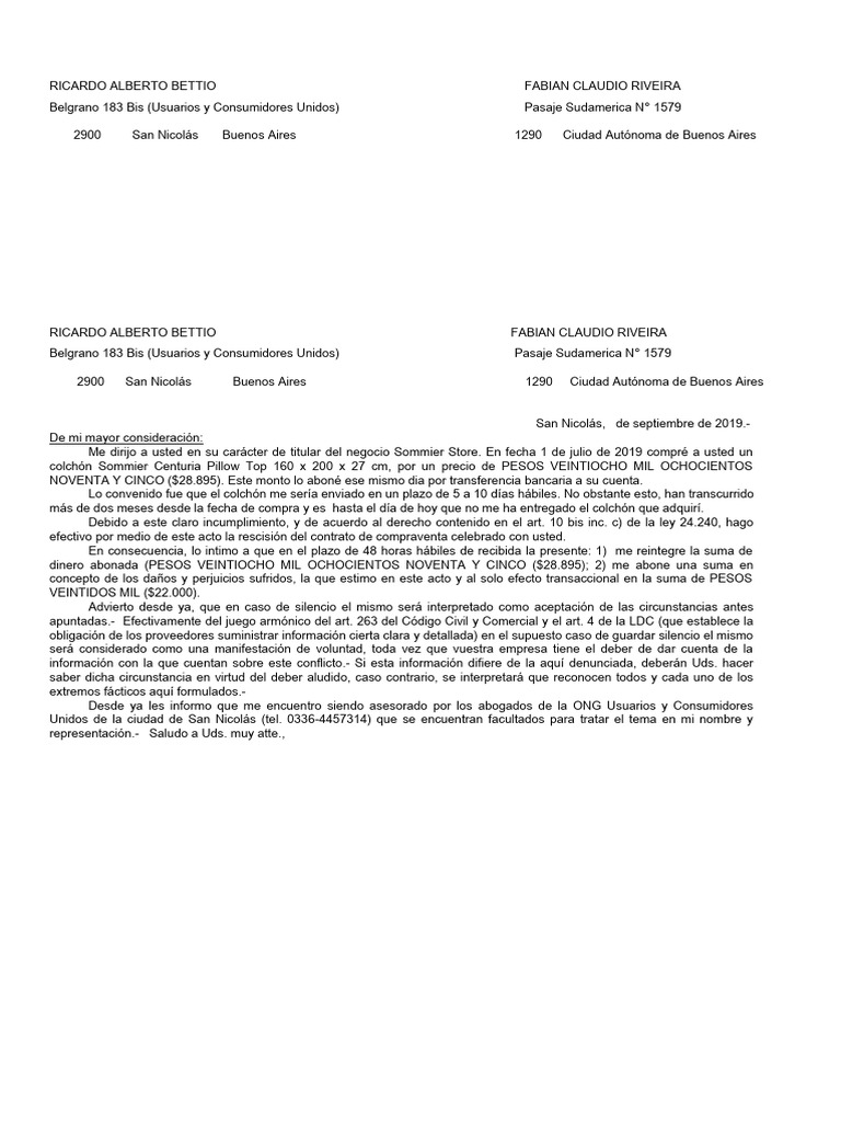 Modelo Carta Documento Consumidor | PDF | Los consumidores