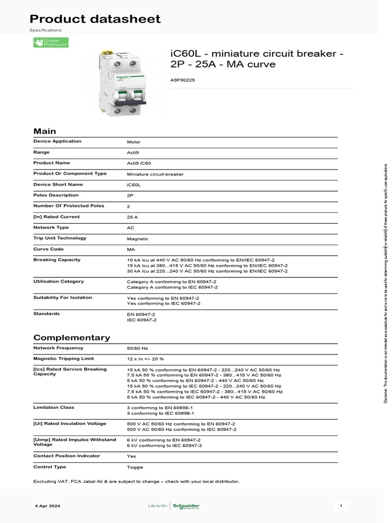 Schneider Electric Datasheet_iC60_A9F90225 | PDF | Electrical ...