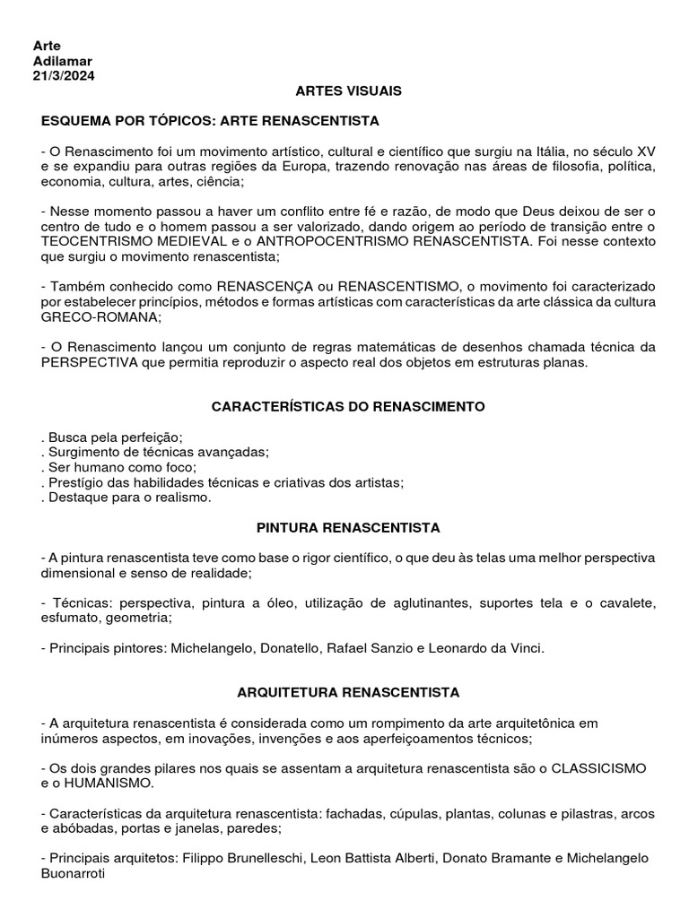Nse 8853894078967035454 Esquema 02 Arte Renascentista PDF | PDF | Renascimento | Michelangelo