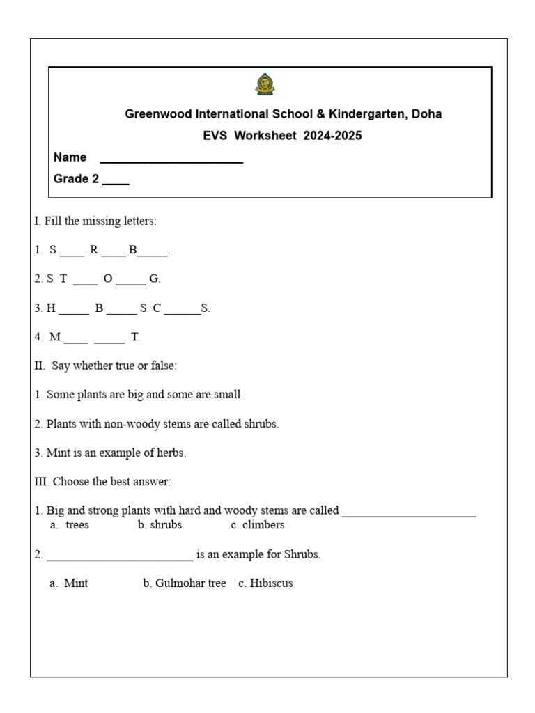 Evs Worksheet Grade 2 2024-2025 | PDF | Home & Garden
