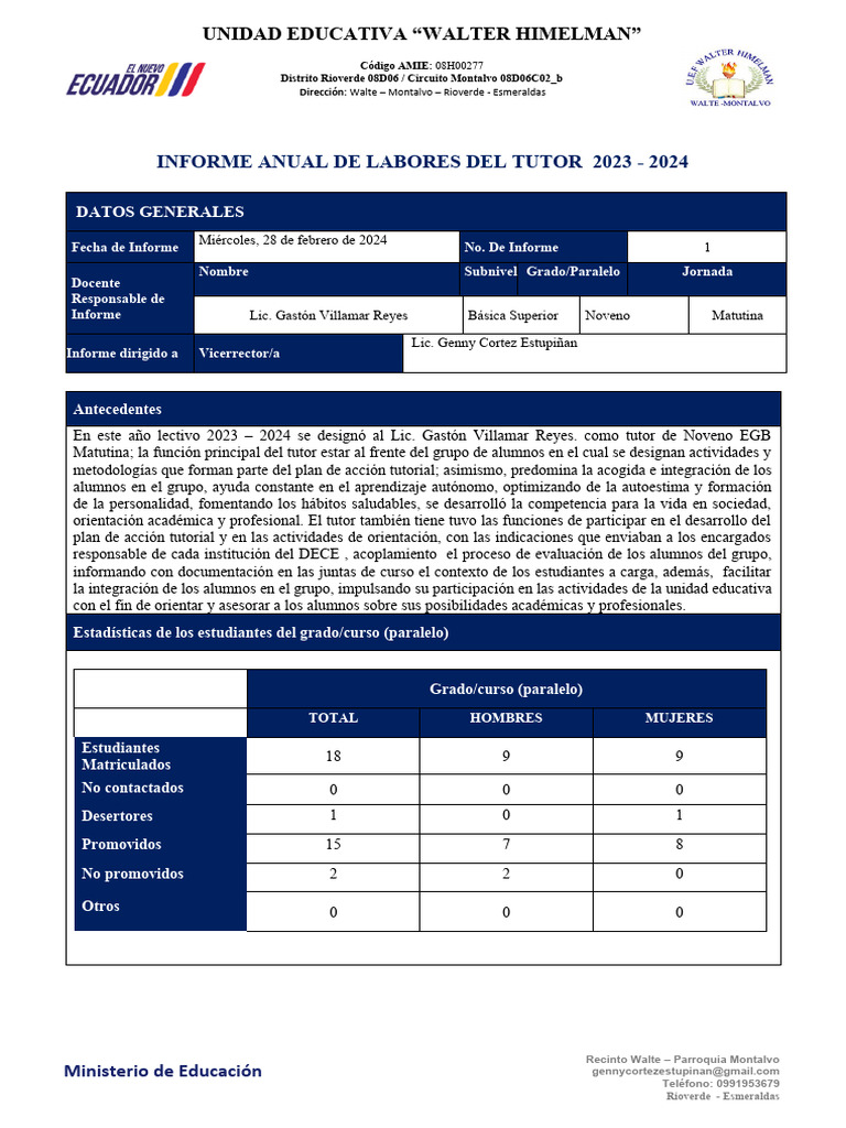 Informe Final Tutor 9NO EGB | PDF | Aprendizaje | Modificación de comportamiento