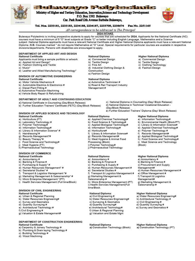 Bulawayo Polytechnic 2024 Course Intake | PDF | Engineering | Diploma
