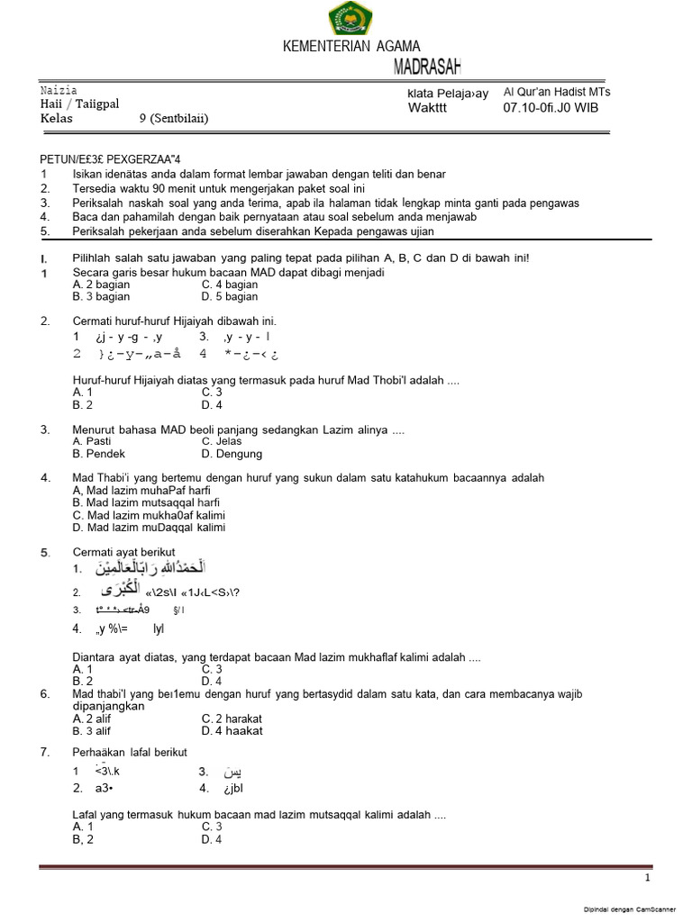 Soal Asesmen Quran Hadis 2024 | PDF | Seni & Disiplin Bahasa | Kajian Bahasa Asing