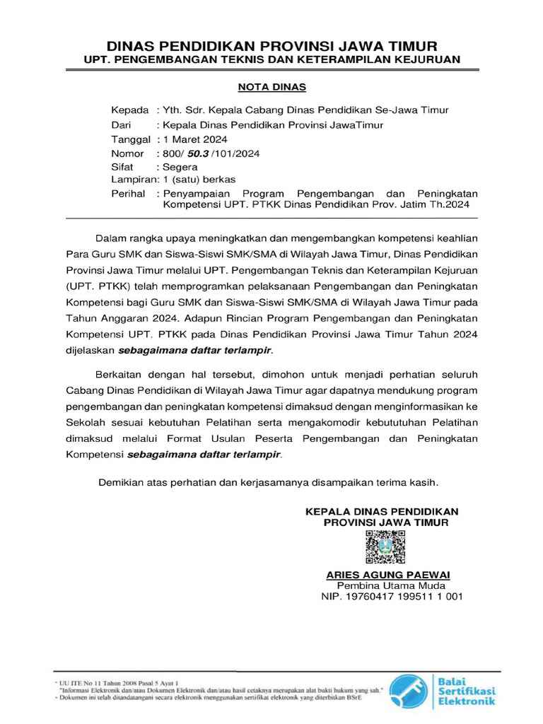 Program Pelatihan Upt PTKK 2024 | PDF