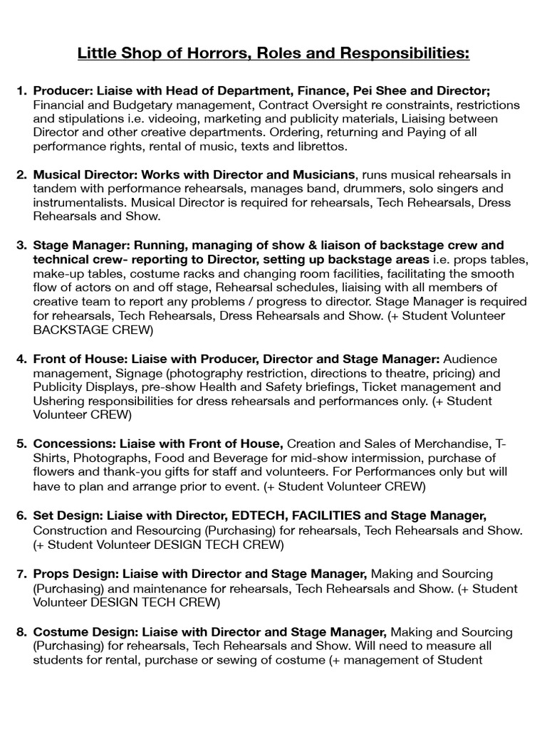 ROLES FOR Little Shop CREATIVE TEAM | PDF