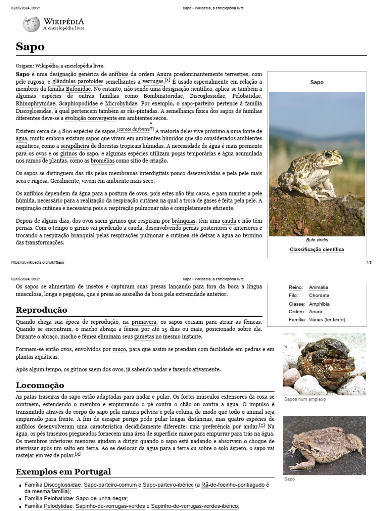 Sapo - Wikipédia, A Enciclopédia Livre | PDF | Vertebrados aquáticos ...