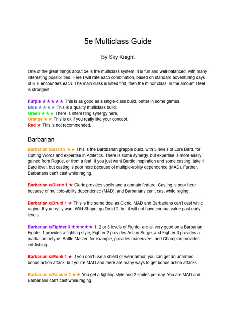 D&D 5e Multiclass Ratings Guide | PDF | Fantasy Role Playing Games ...