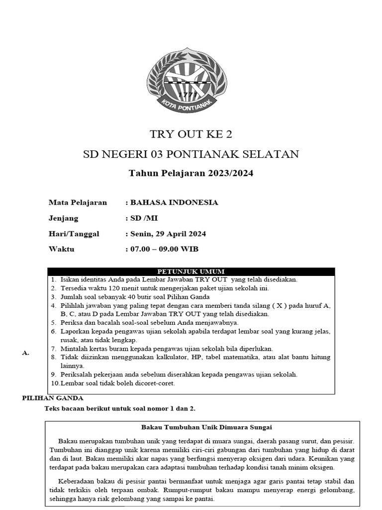 Try Out Bahasa Indonesia SD 2024 | PDF