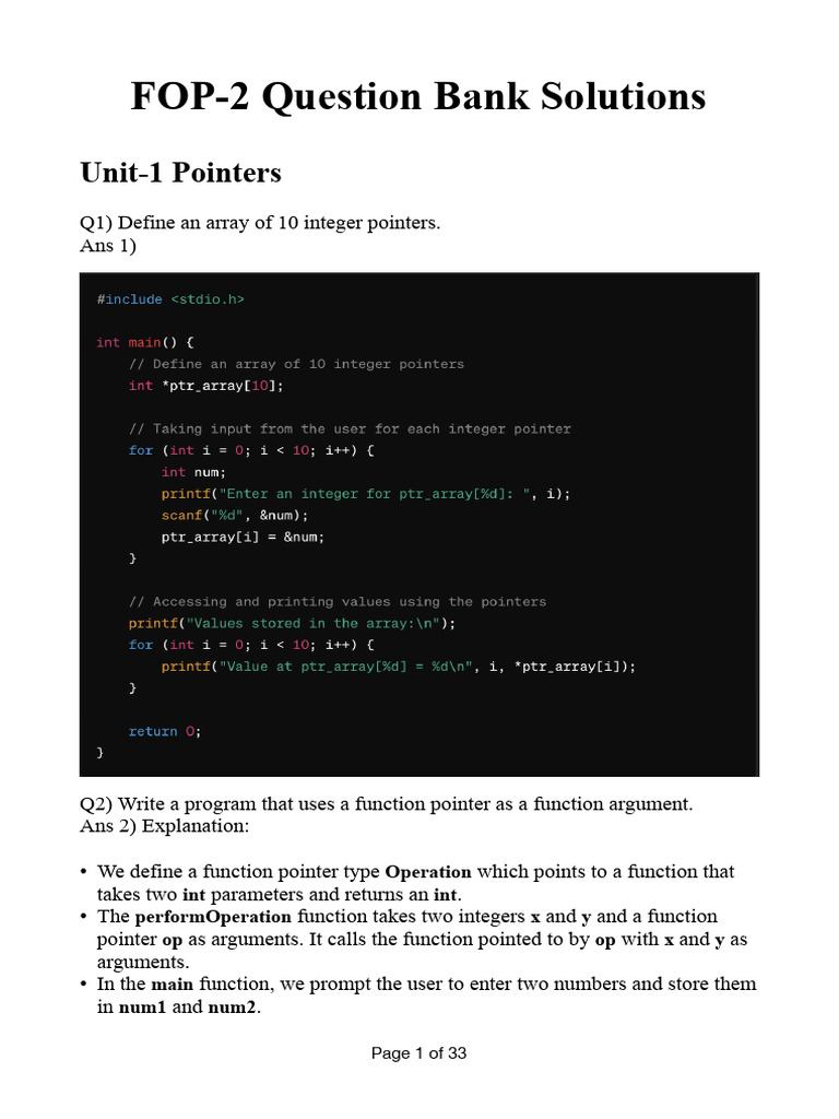 FOP-2 Question Bank Solutions Unit-1, 2, 3 & 4 | PDF | Pointer ... FOP-2 Question Bank Solutions Unit-1, 2, 3 & 4 | PDF | Pointer ...
