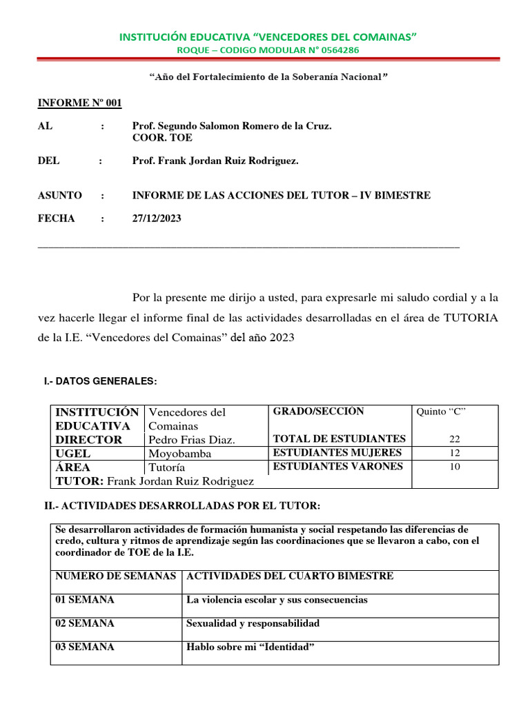 INFORME TUTOR 4 Bimestre 2023 (FJRR - 5c) | PDF | Psicólogo | Sicología