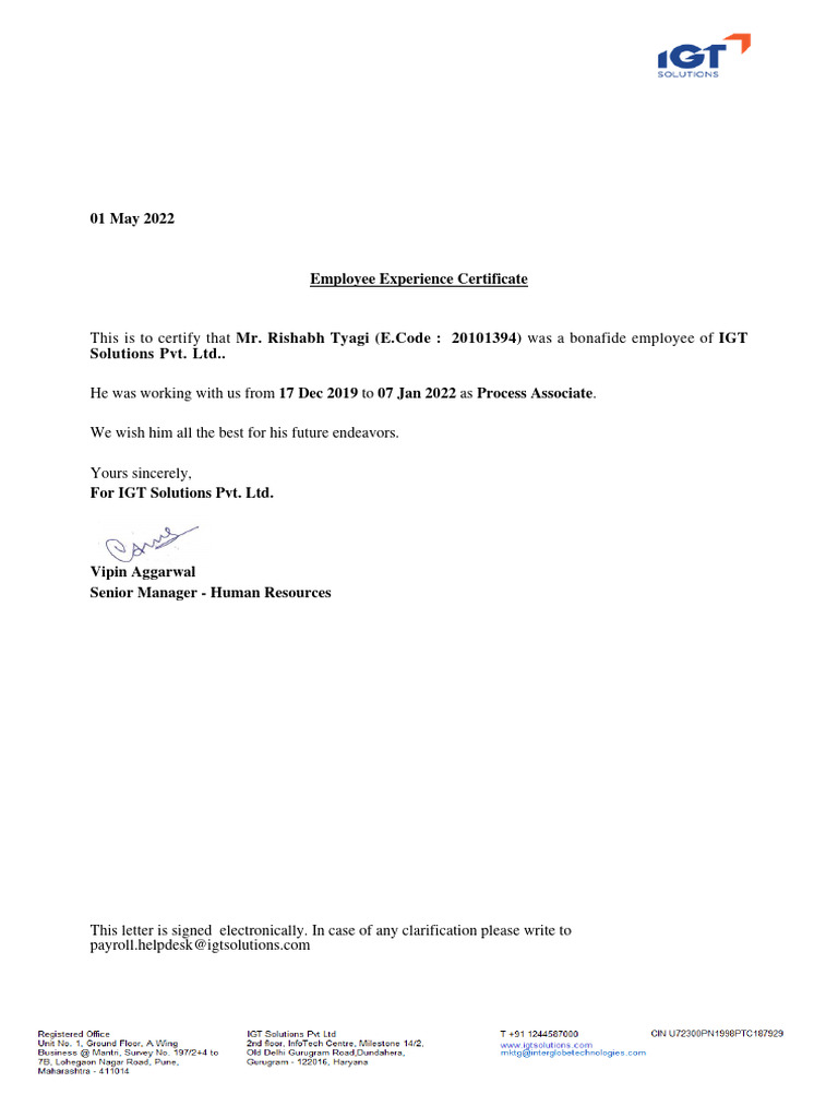 IGT Experience Letter | PDF