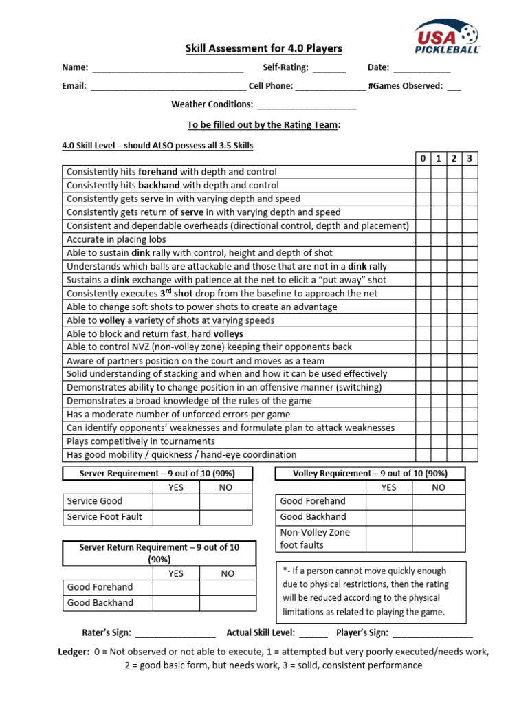 4.0 Player Skill Assessment Form | PDF