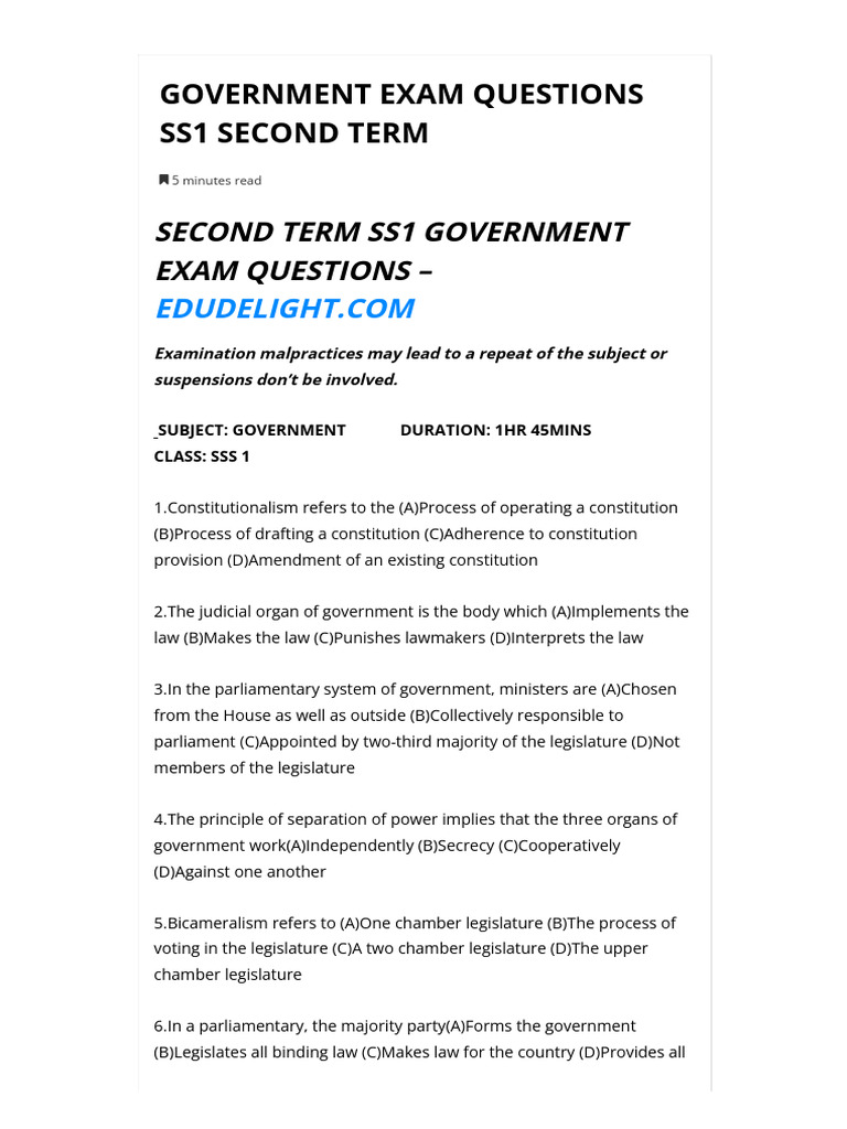 Government Exam Questions Ss1 Second Term Second Term Ss1 Government Exam Questions | PDF ...