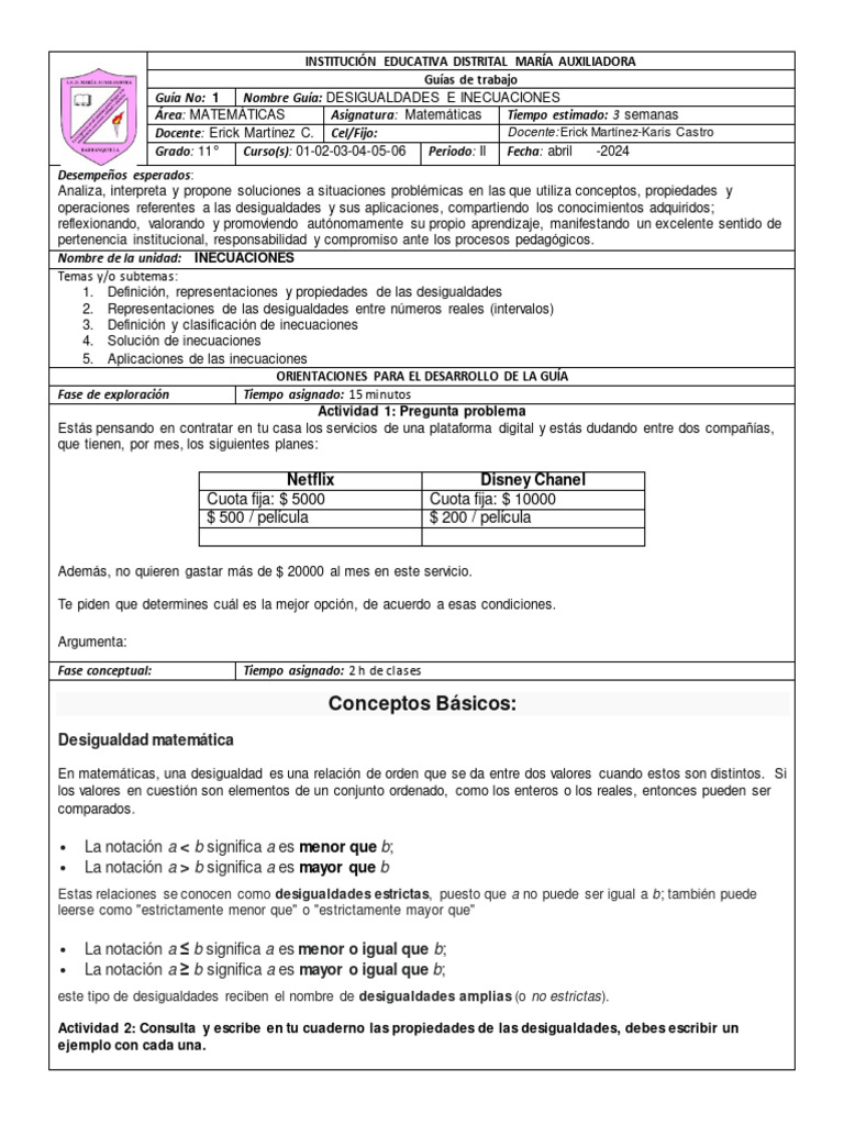 Guía desigualdades e inecuaciones 11°-2024 | PDF | Desigualdad (Matemáticas) | Intervalo ...
