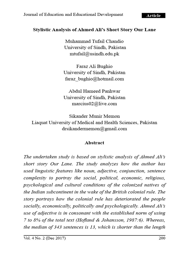 Stylistic Analysis of Ahmed Alis Short S | PDF | Word | Part Of Speech
