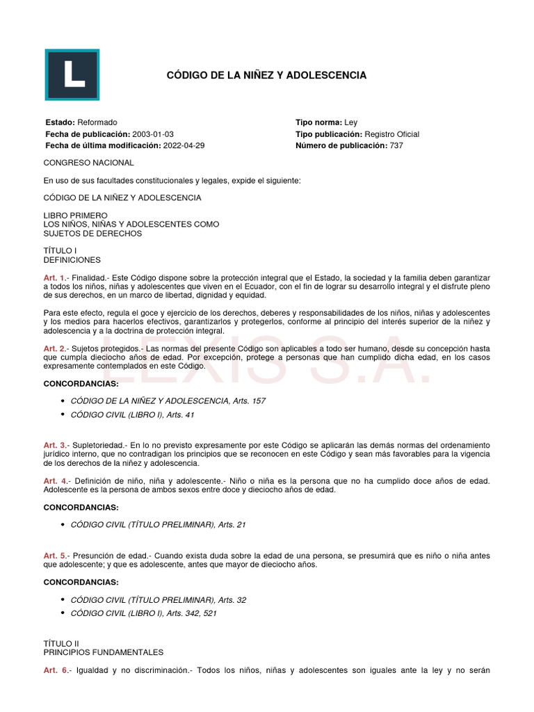 Codigo de La Ninez y Adolescencia | PDF | Familia | Derechos de los niños