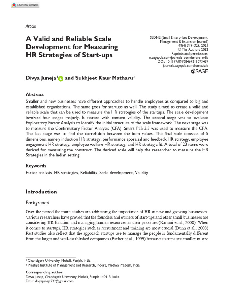 Juneja Matharu 2022 A Valid and Reliable Scale Development For Measuring HR Strategies of Start ...