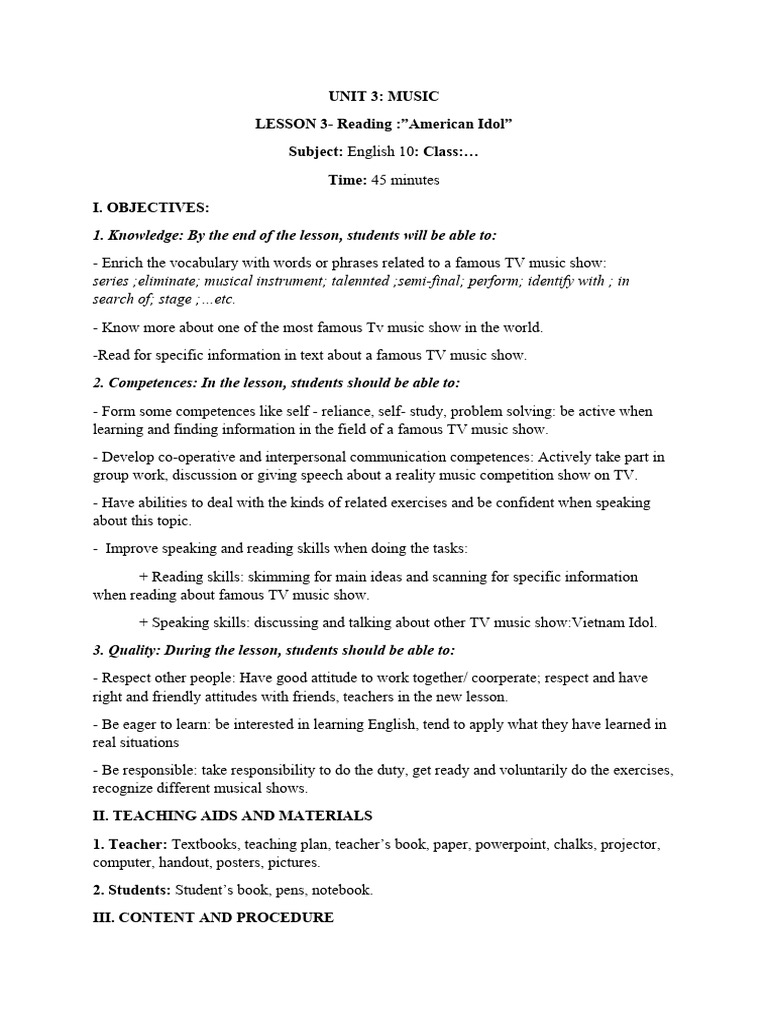 Unit 3 Music | PDF | Teachers | Vocabulary