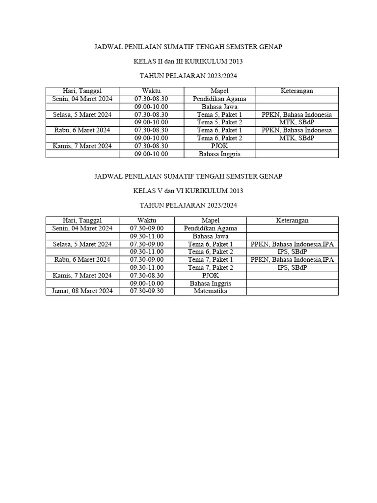 Jadwal Penilaian Sumatif Tengah Semster Genap | PDF | Seni & Disiplin Bahasa | Kajian Bahasa Asing