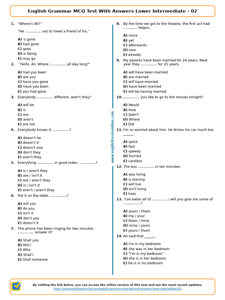 English Grammar MCQ Test - Lower Intermediate | PDF